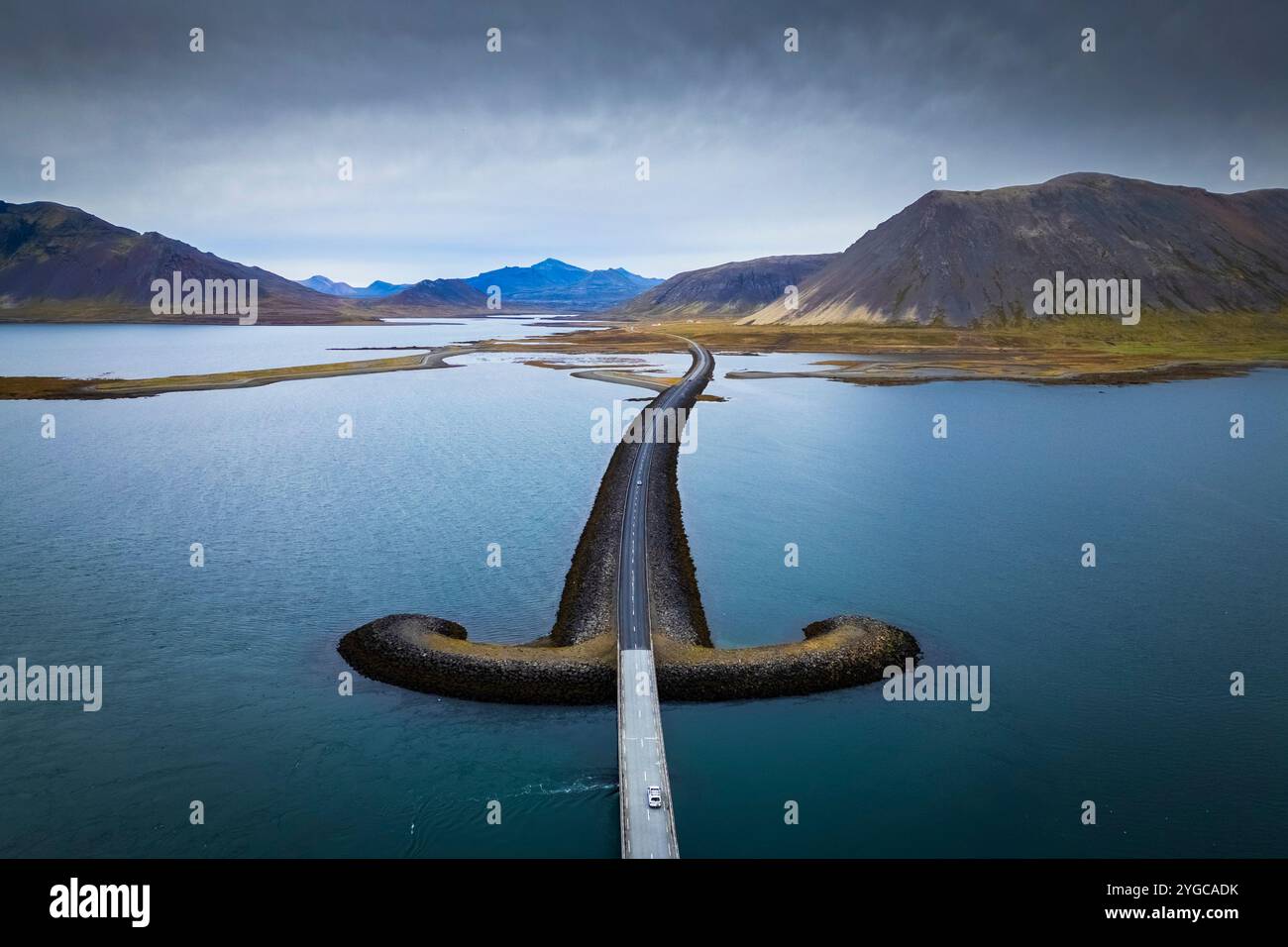 Aerial view of the sword shaped bridge Snæfellsnesvegur close to the ...