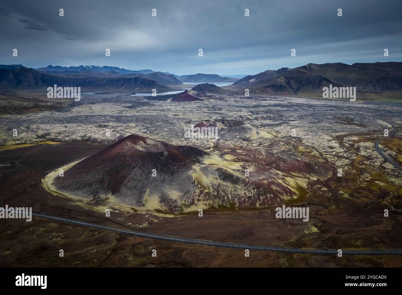 Aerial view of and old volcano crater near Stykkishólmur. Snæfellsnes ...