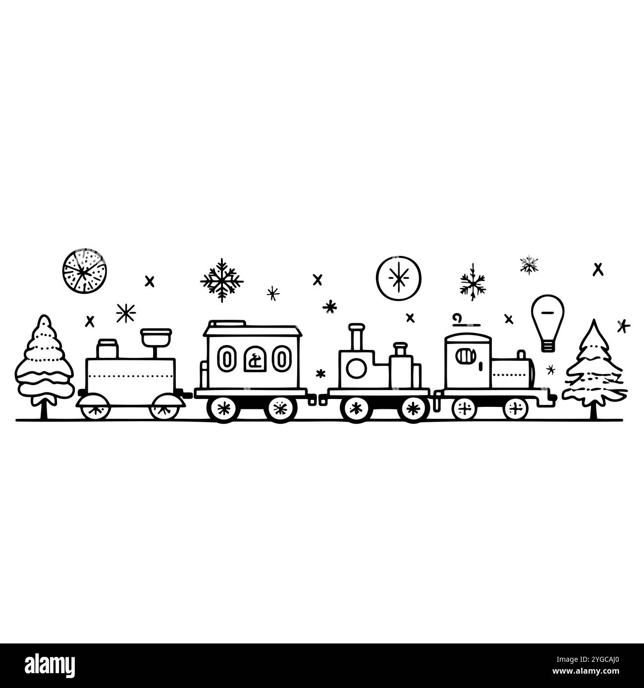 Christmas-themed toy train with various festive elements in black and ...