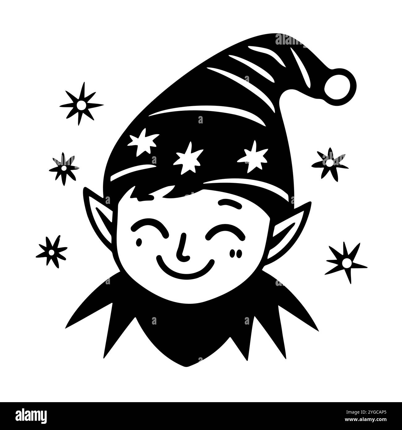 Smiling Christmas elf with pointy hat and stars in black and white ...