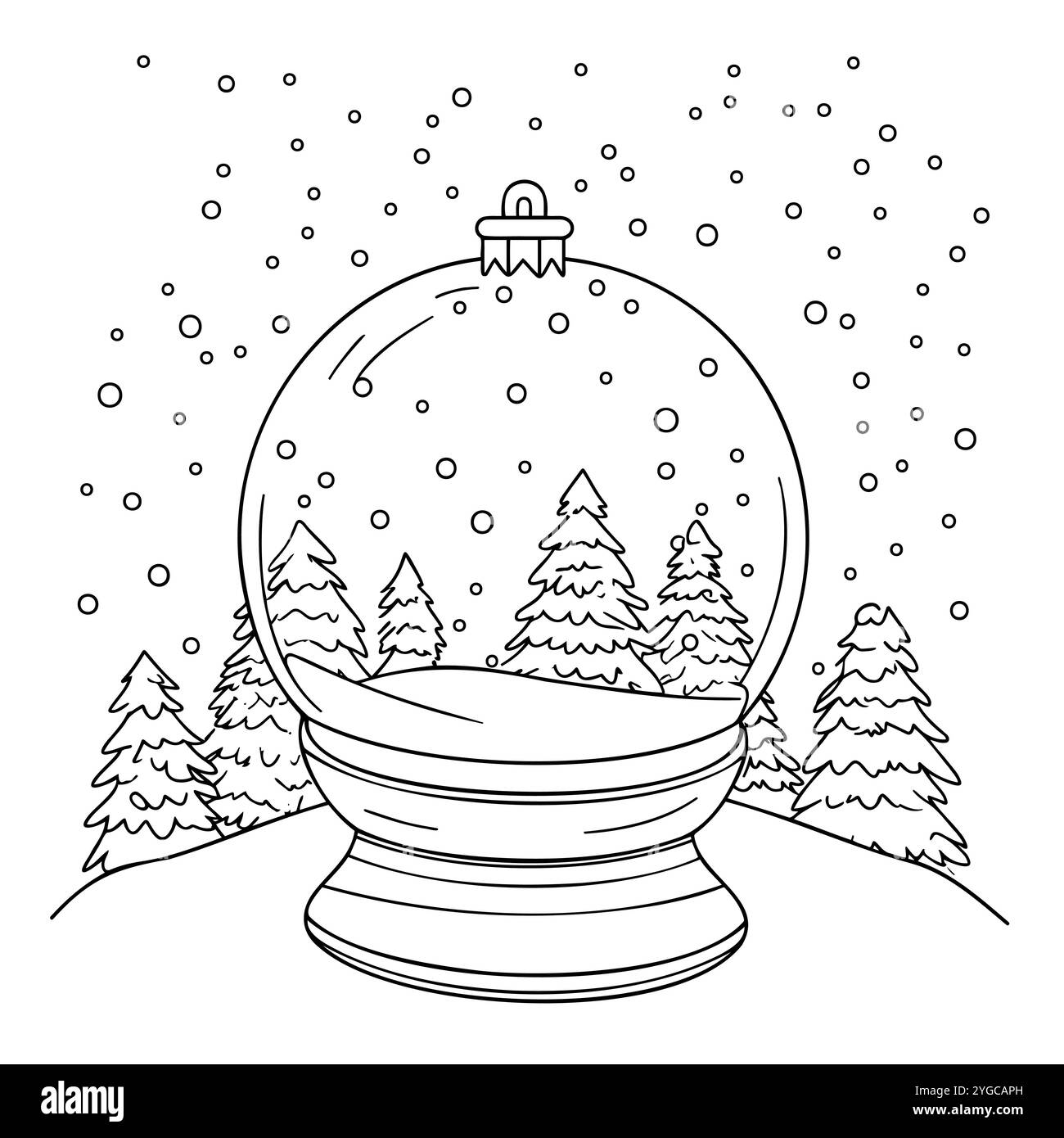 Snow globe with pine trees and falling snowflakes in black and white ...