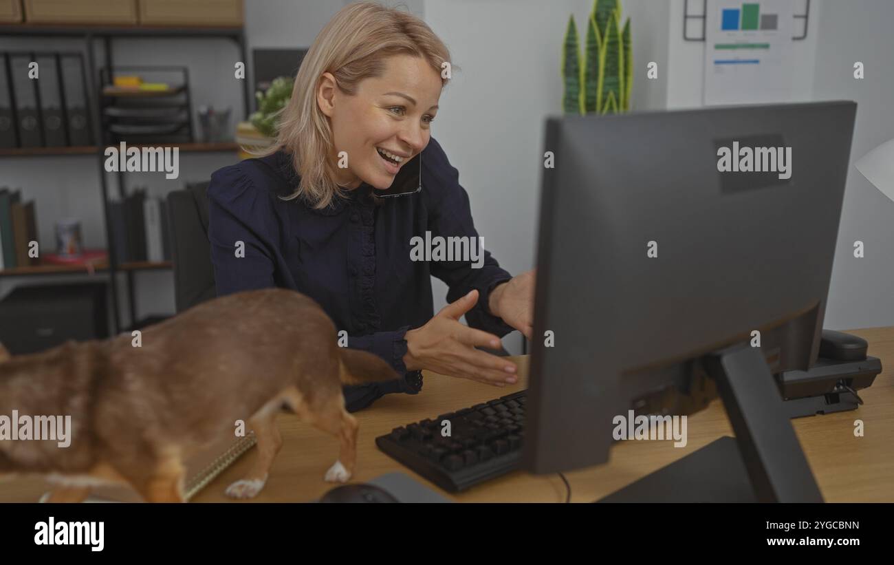 A young blonde woman in a police station office smiles while ...