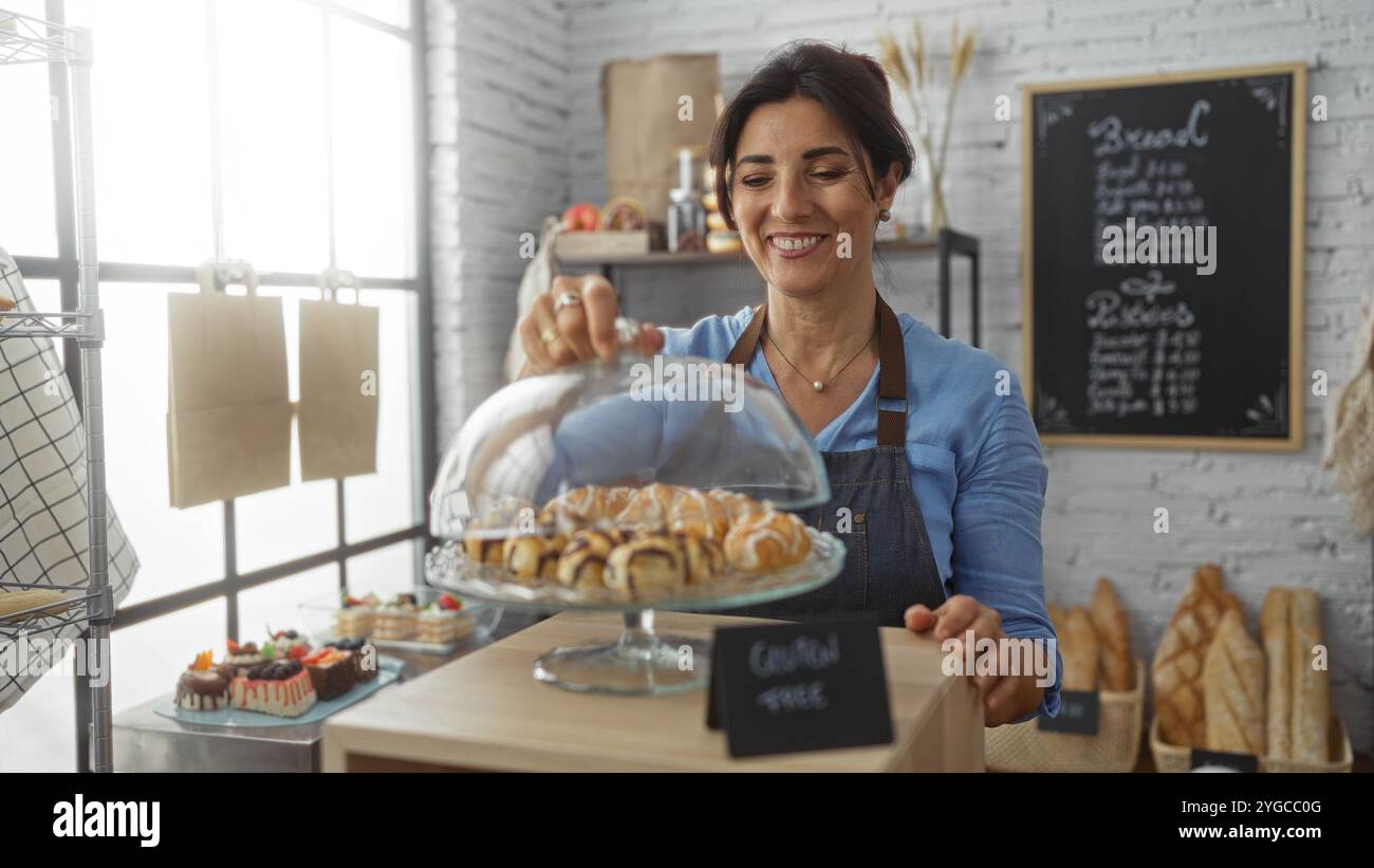 Woman smiling in bakery room arranging pastry display with handwritten ...