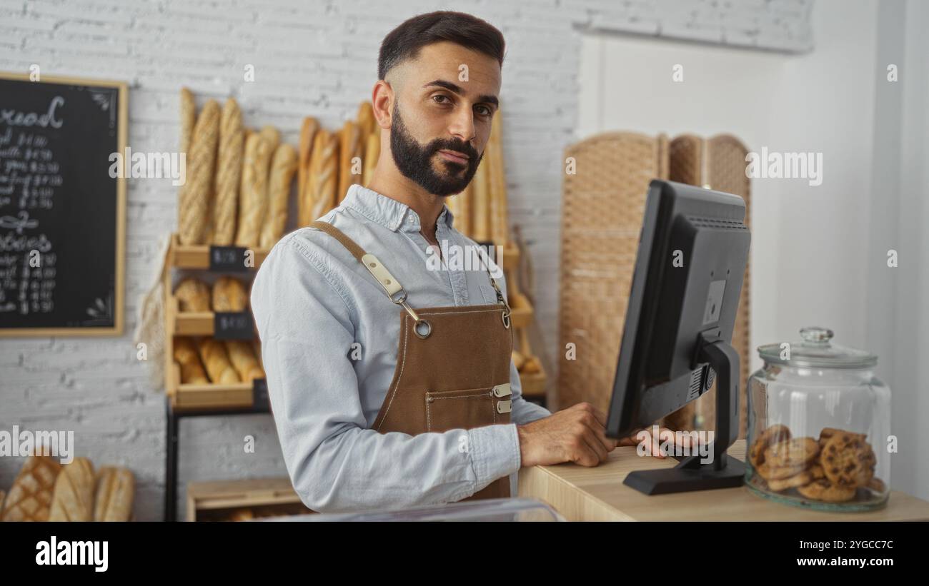 Handsome hispanic man with beard working in bakery shop, standing ...
