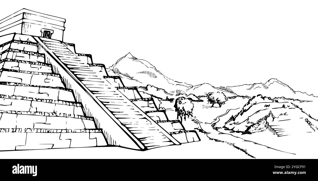 Mesoamerica Aztec ancient monument, pyramid ruins on plain field ...