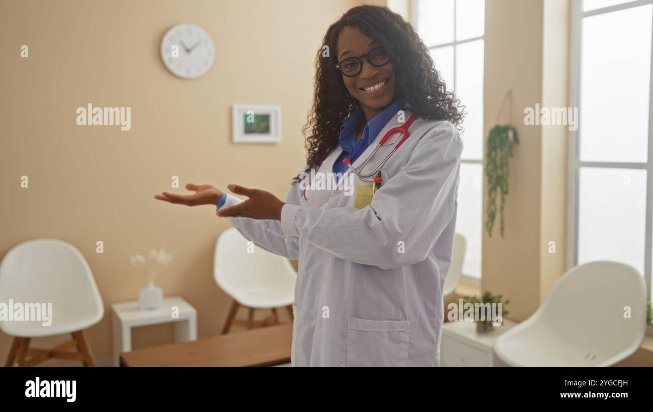 A beautiful african-american female doctor with curly hair, wearing a ...