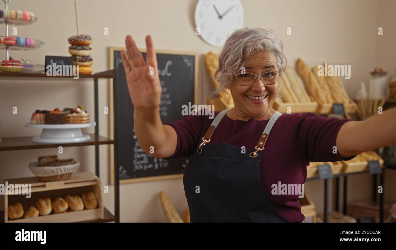 Hispanic woman dancing joyfully in a bakery shop, surrounded by bread ...