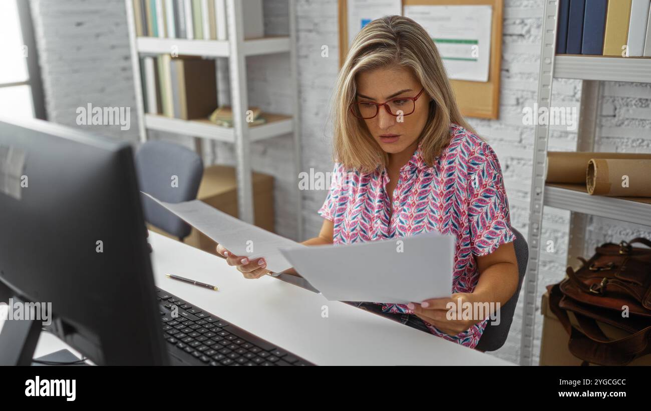 Young blonde woman working in a modern office, reviewing documents at ...