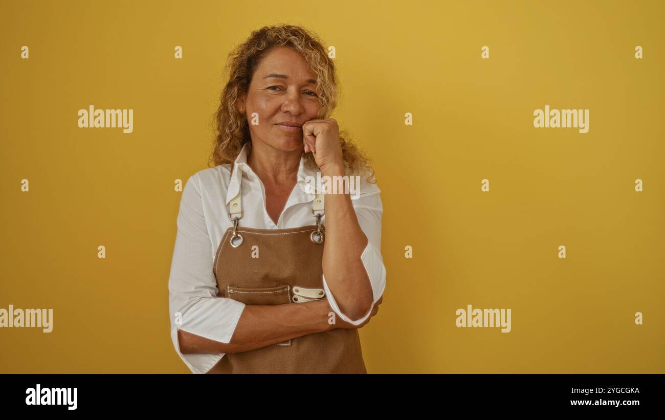 Mature hispanic woman standing confidently against a yellow background ...