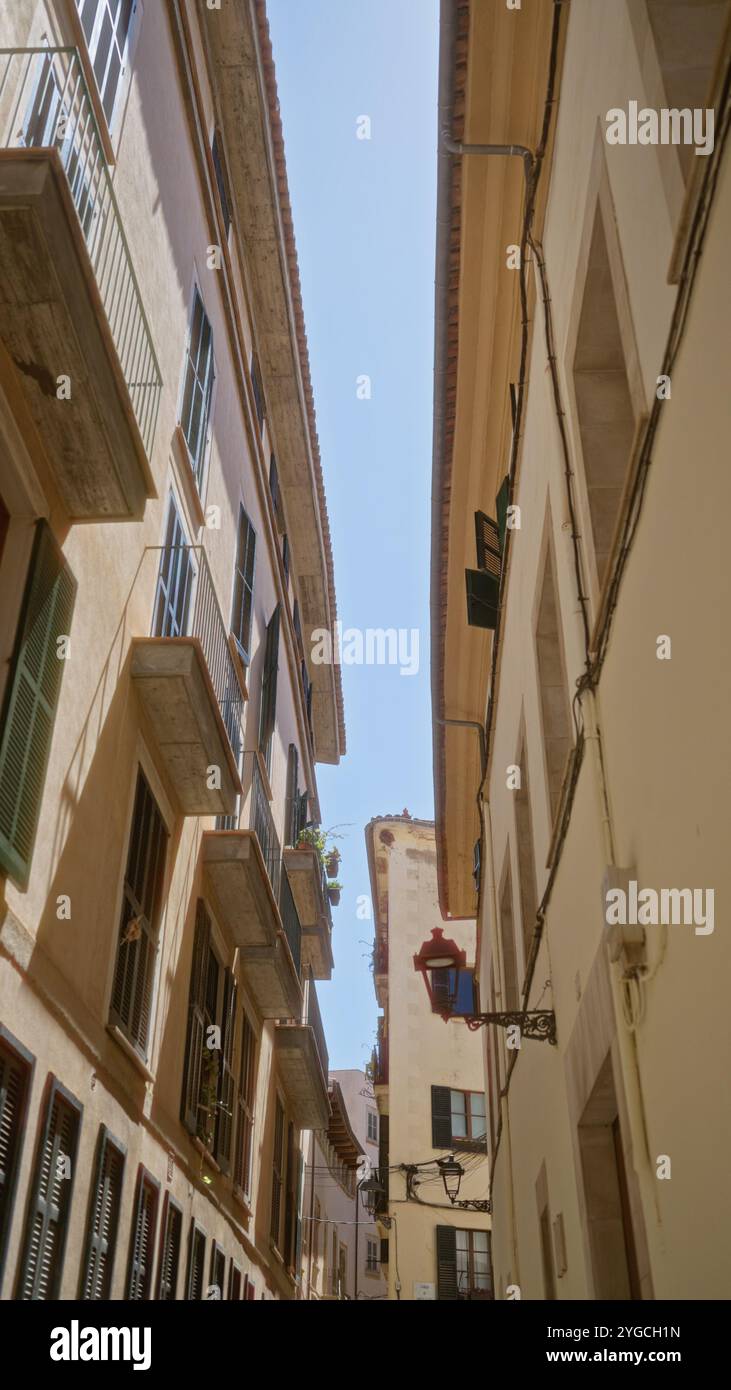 Narrow street in palma, mallorca with traditional buildings, blue sky ...