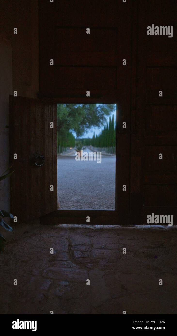 View through open wooden door to gravel path and distant trees Stock ...