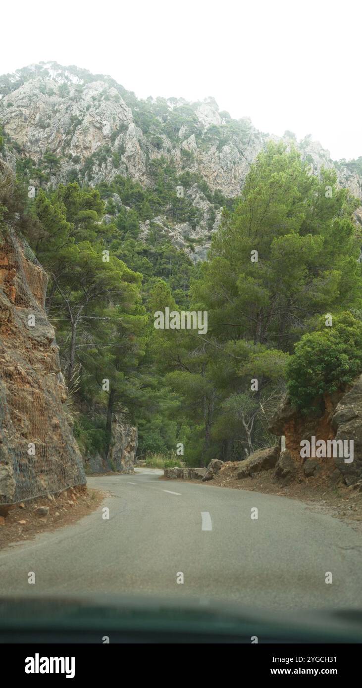 Mountain road winding through lush greenery and rocky cliffs in ...
