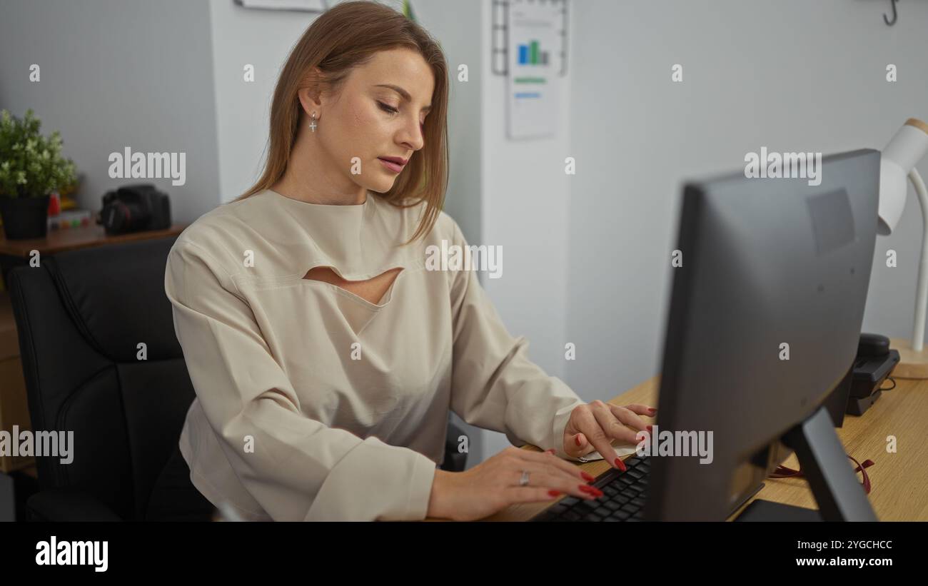 A beautiful young blonde woman working on a computer in an indoor office setting, captured from ...