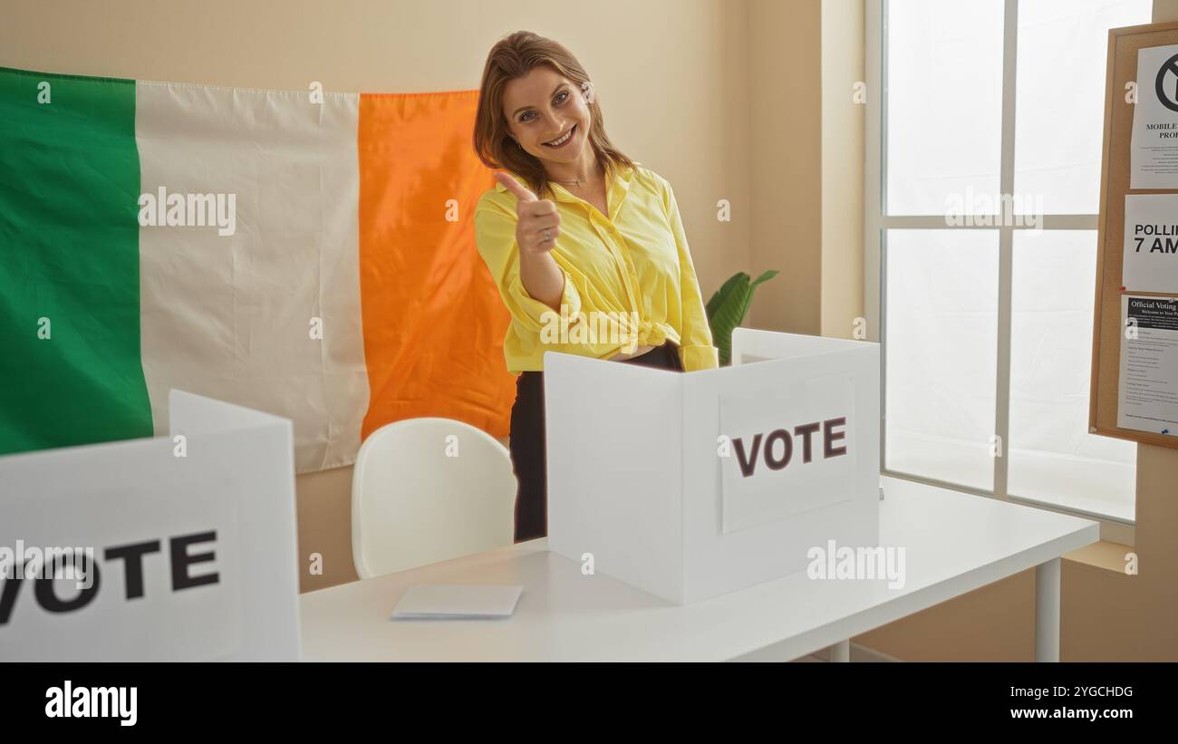 A beautiful blonde woman voting in an election with irish flag in the ...