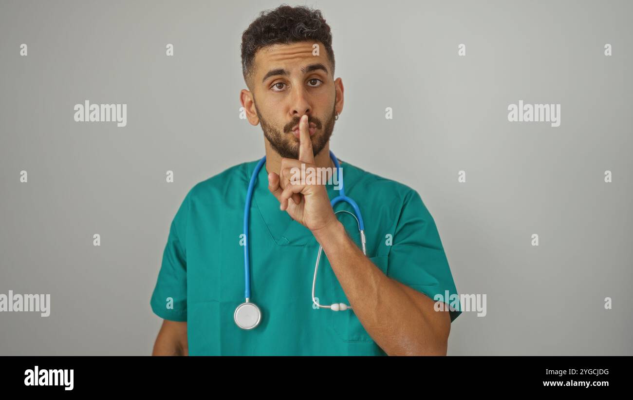 Attractive hispanic male nurse making a shushing gesture over an ...