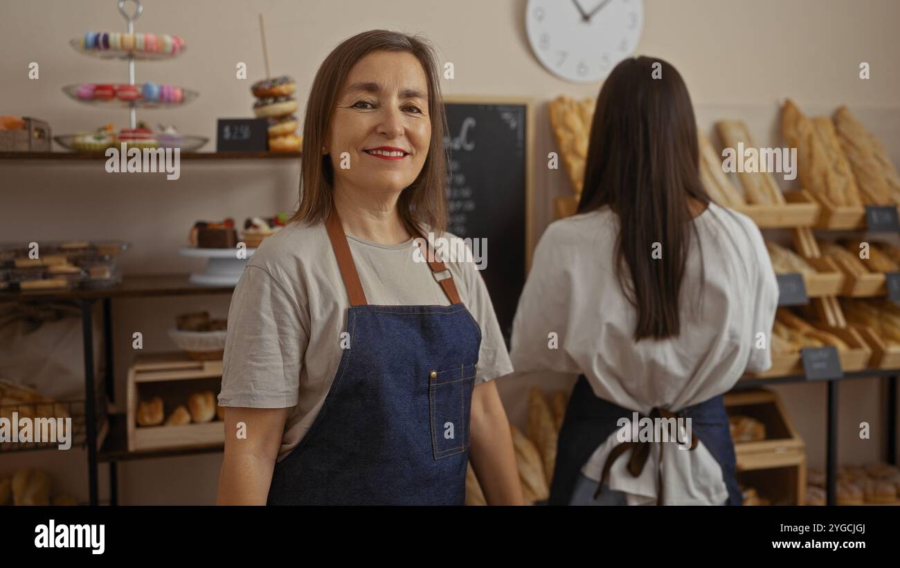 Two women bakers working together in a bakery shop with bread and ...
