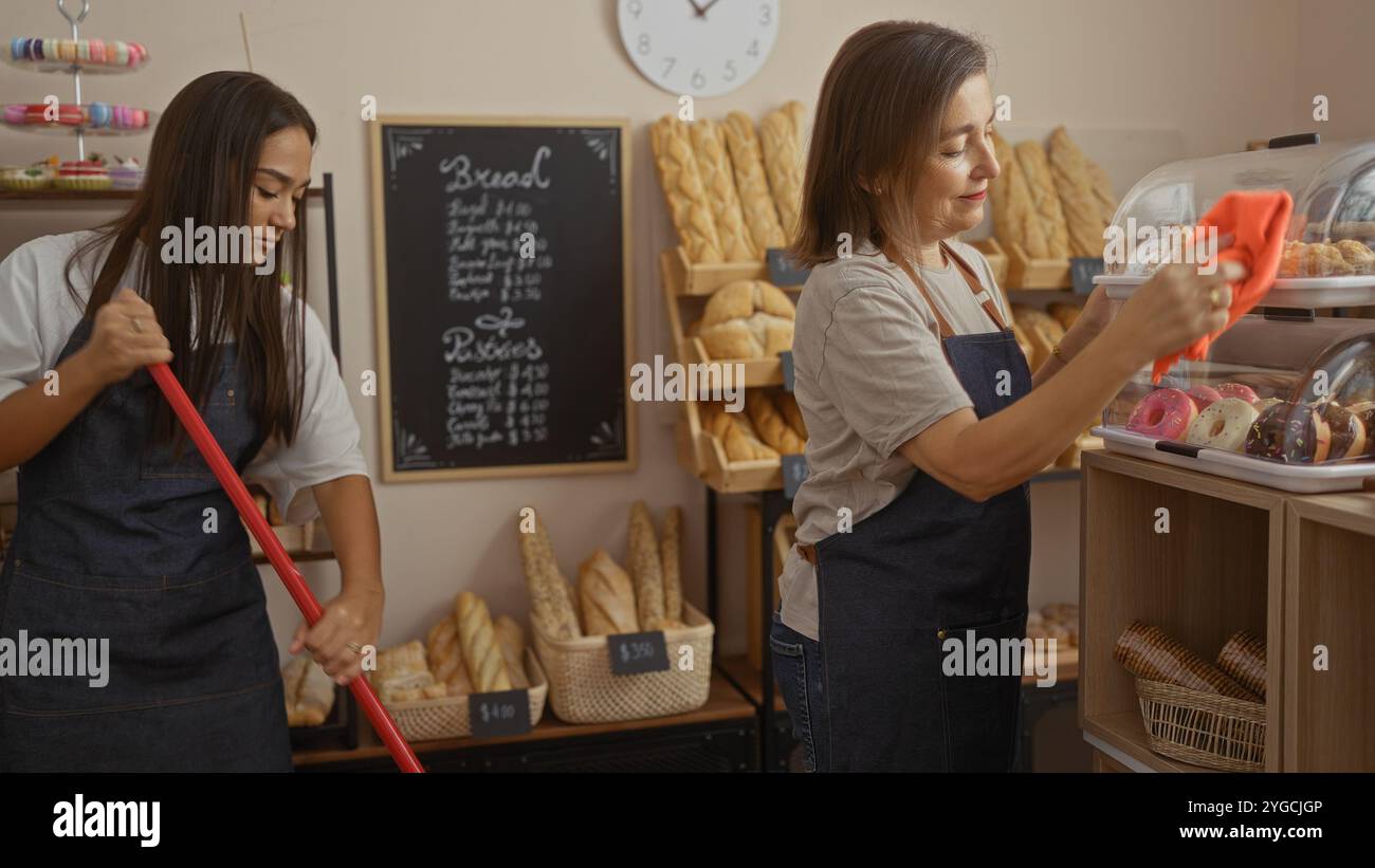 Women working together in an indoor bakery with one sweeping the floor ...