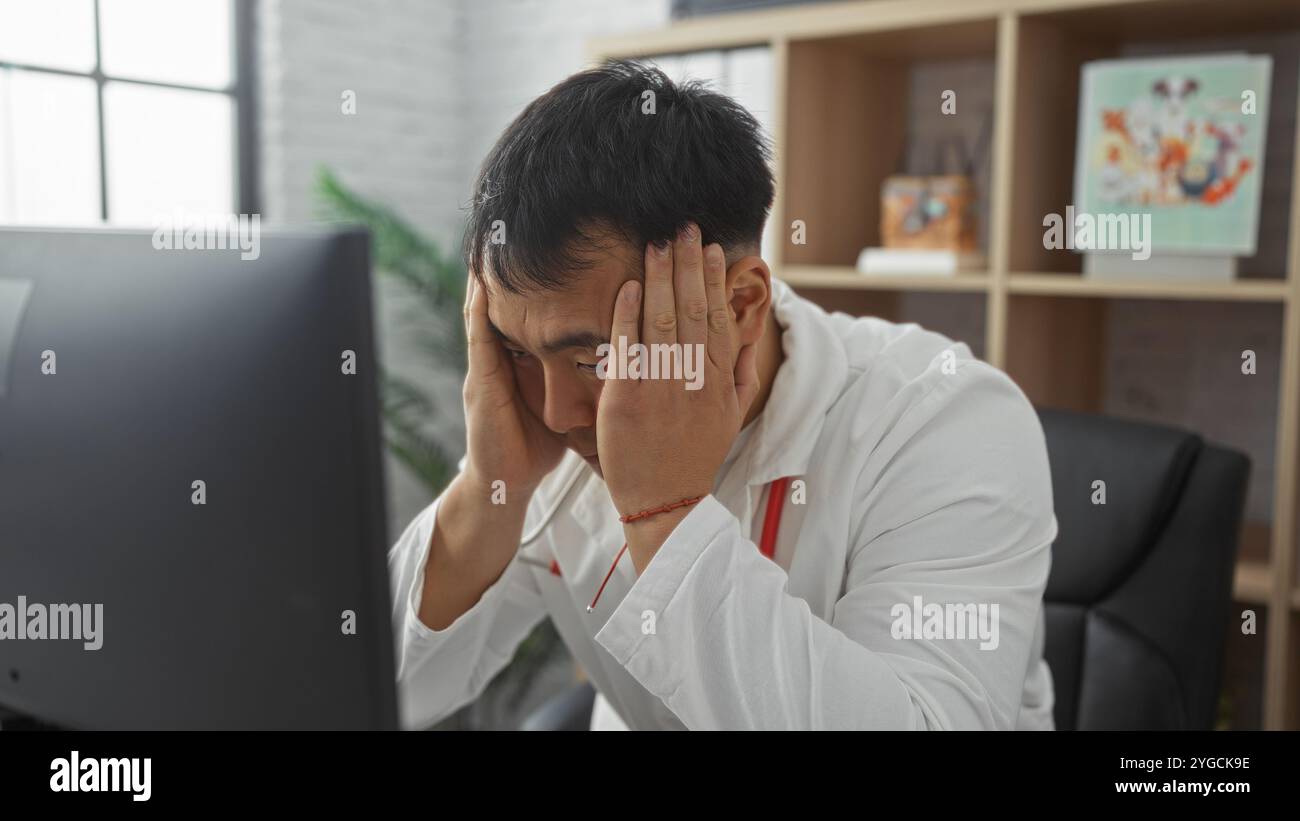 A young, handsome chinese man in a clinic office looks stressed ...