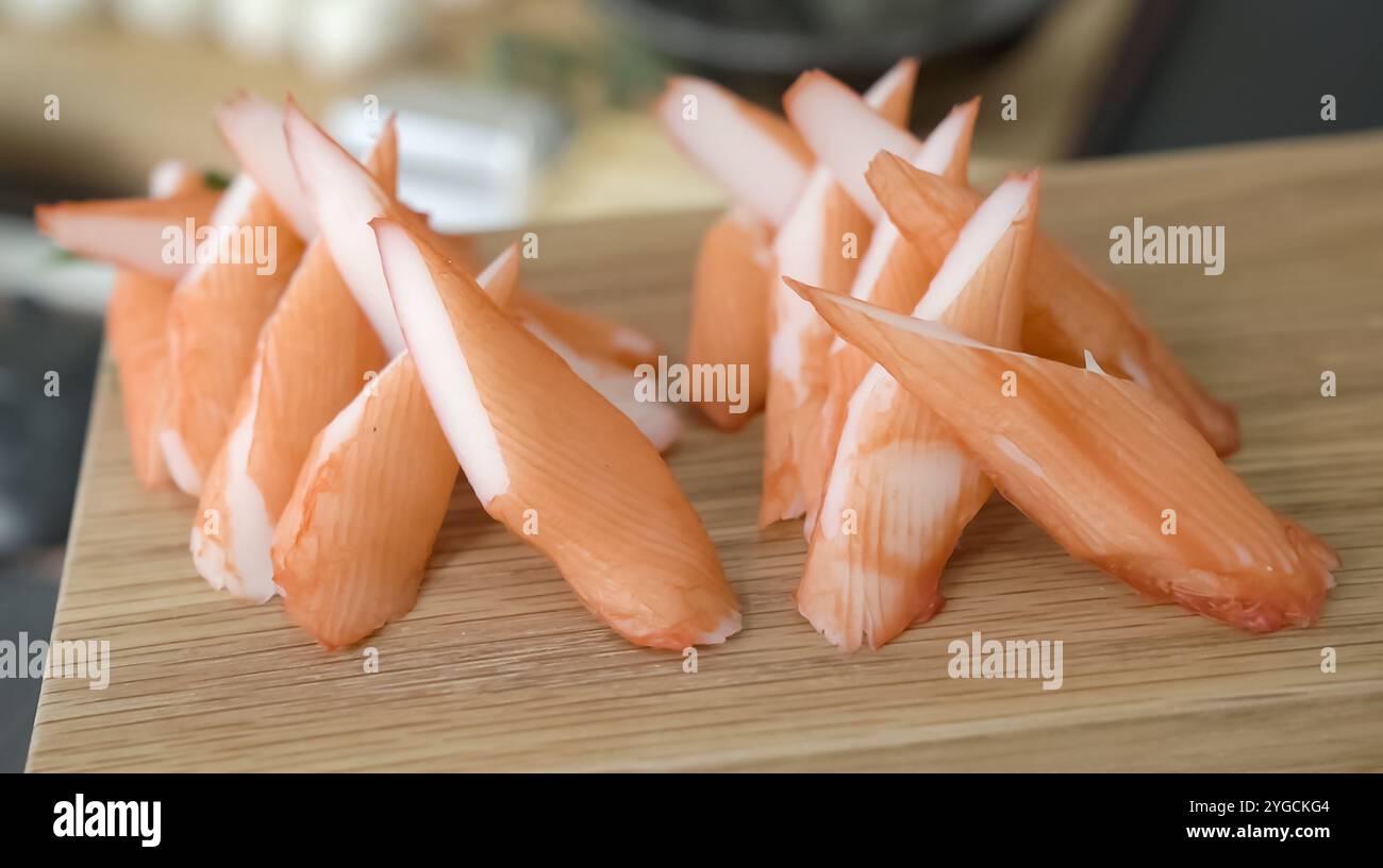 Crab stick sashimi, Japanese food on wood plate. Sliced Japanese food ...