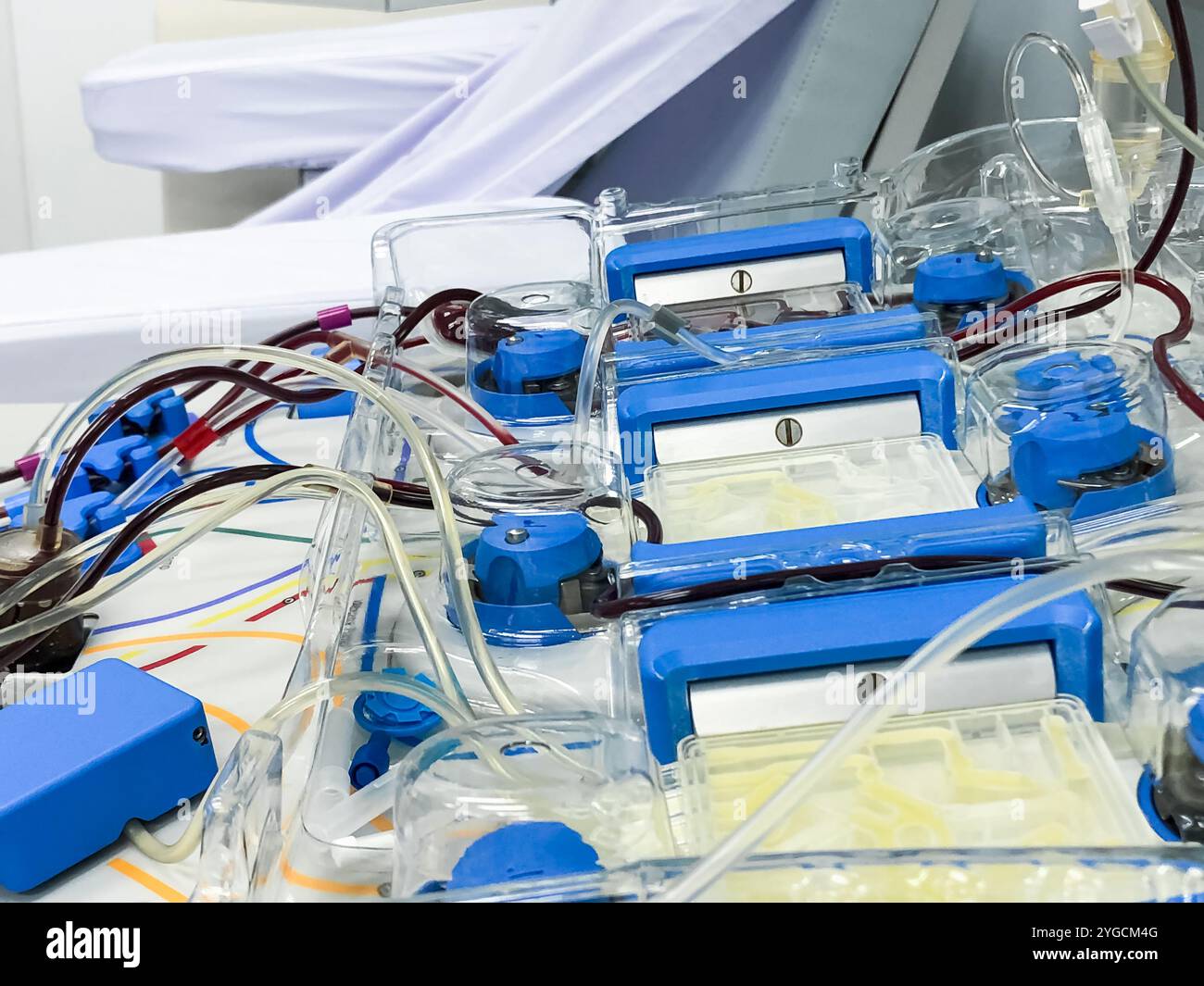 Blood platelet donation Machine is working, it draws blood from arm for ...