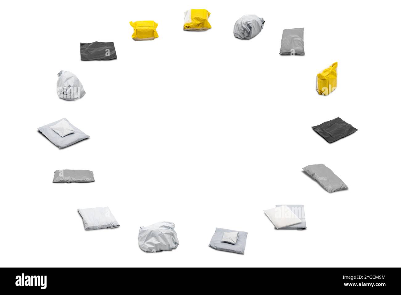 The gray and yellow shipping parcel bags were arranged in a circle line ...