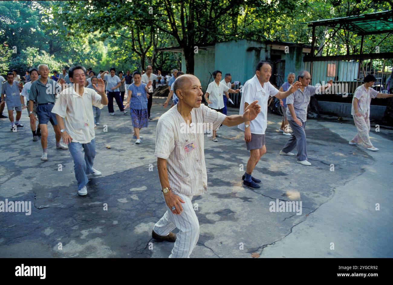 China, Shanhai, older Chinese people exercising in Tai Chi class in a ...
