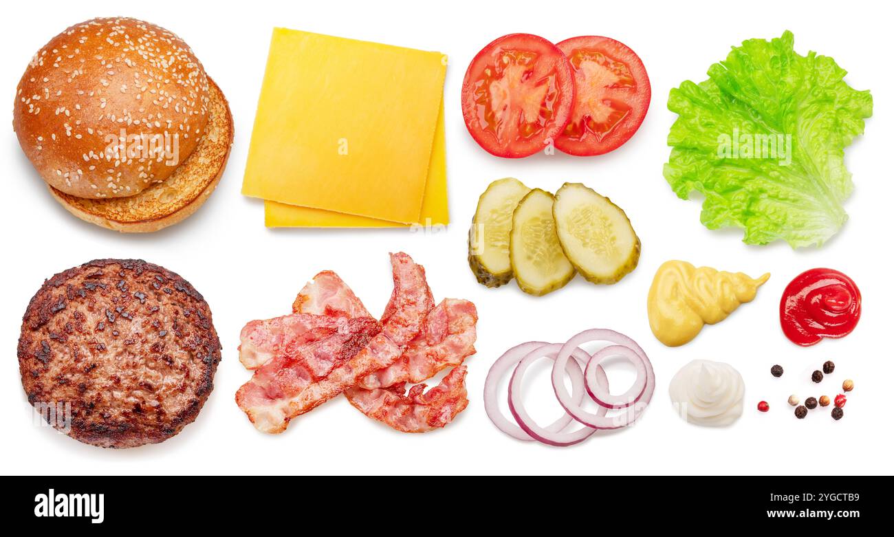 Set of cheeseburger ingredients such as bun, bacon, cheese, vegetables ...