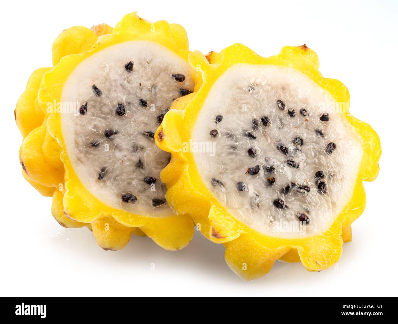 Yellow pitahaya or yellow dragon fruit cross cuts with white flesh and ...