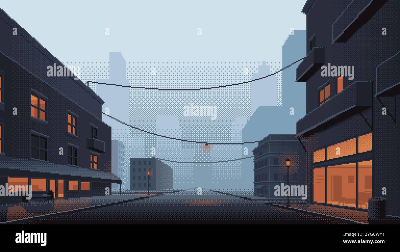 Pixel art town street in misty evening. Buildings with light in windows ...