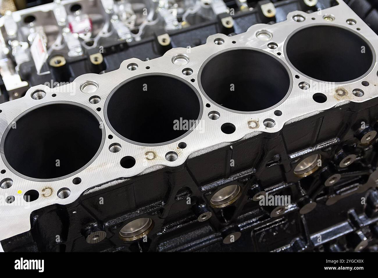 Cylinder block of diesel engine repair. Car engine cylinder heads close ...