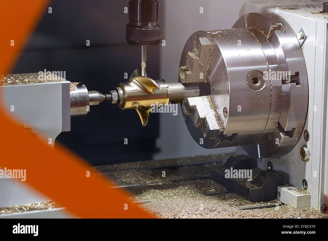 Cutting tool at metal working on lather machine. Industry Stock Photo ...