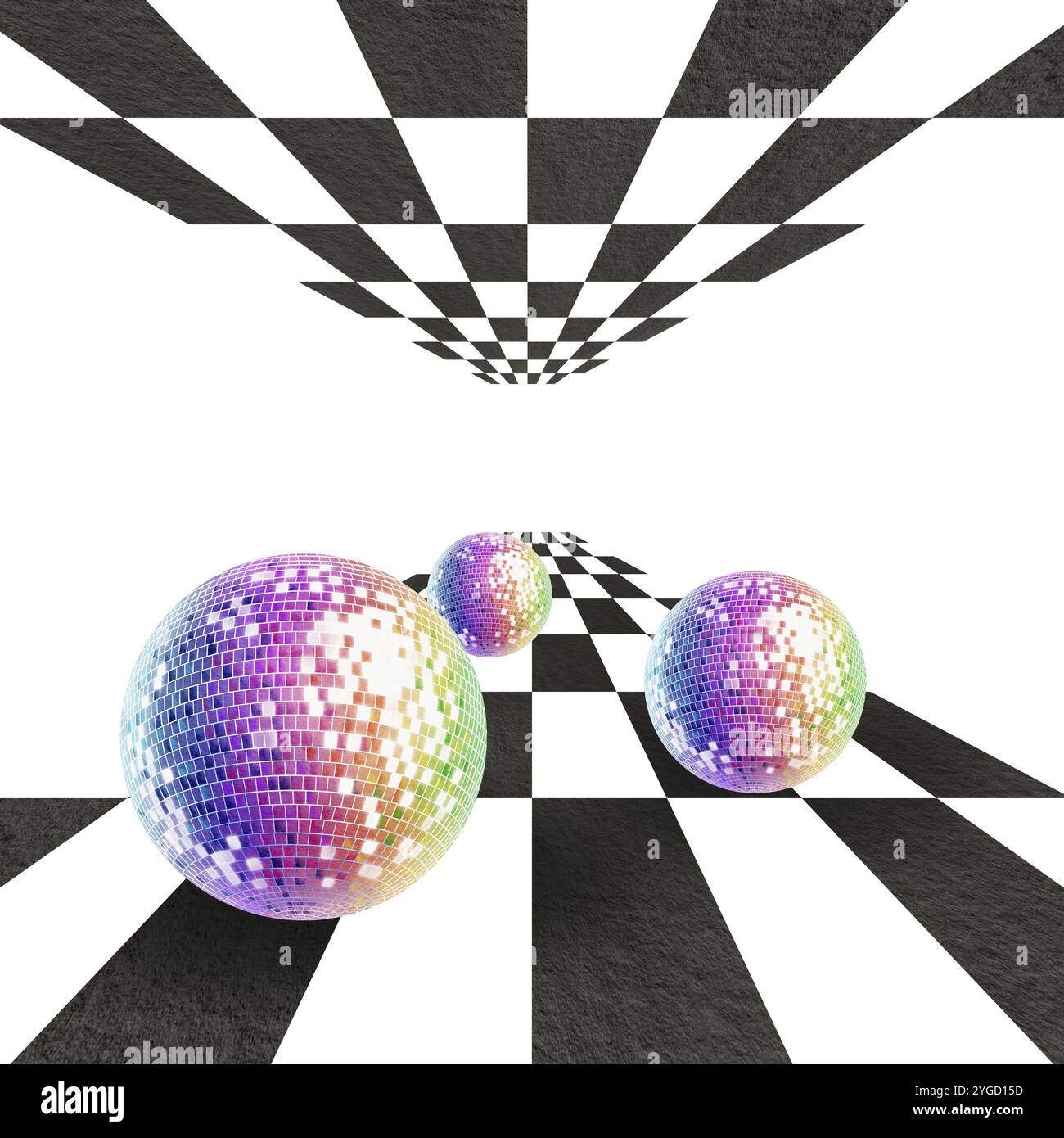 Disco balls in chaotic motion in perspective across a checkerboard ...