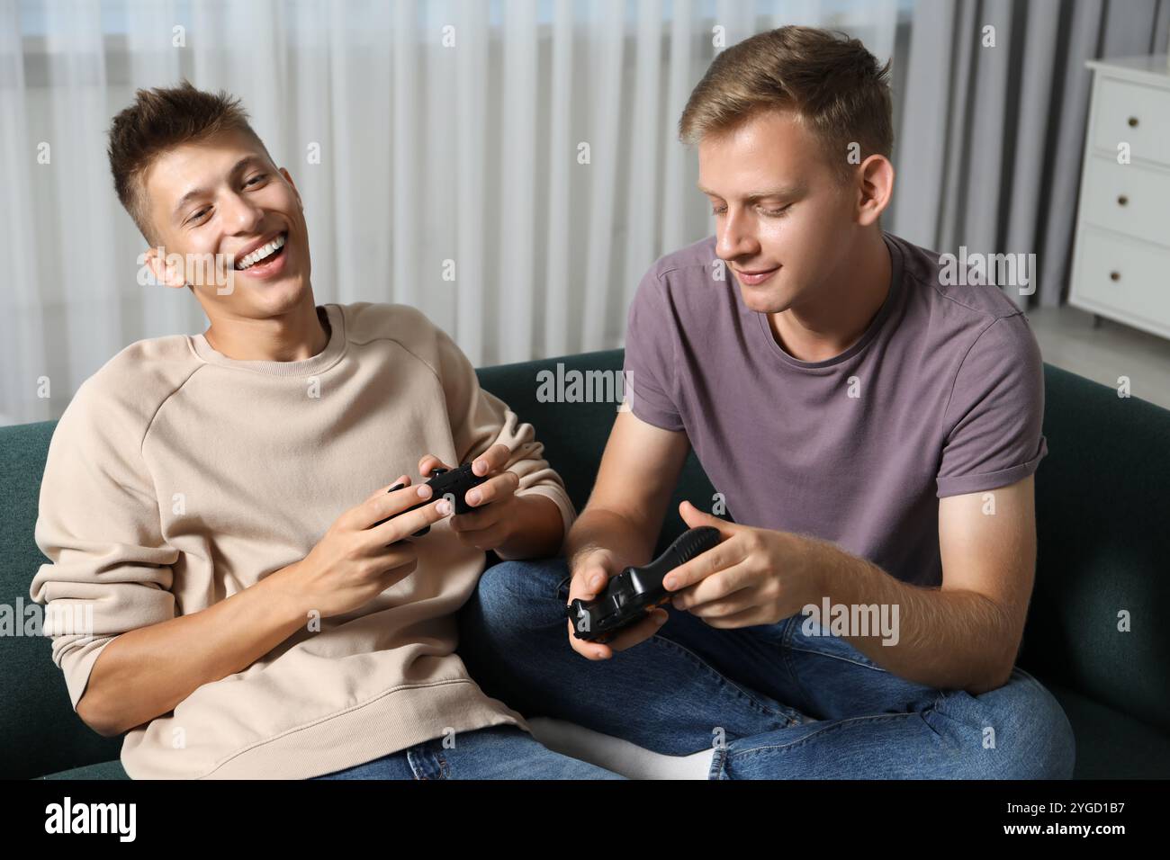 Happy brothers playing video game at home Stock Photo - Alamy