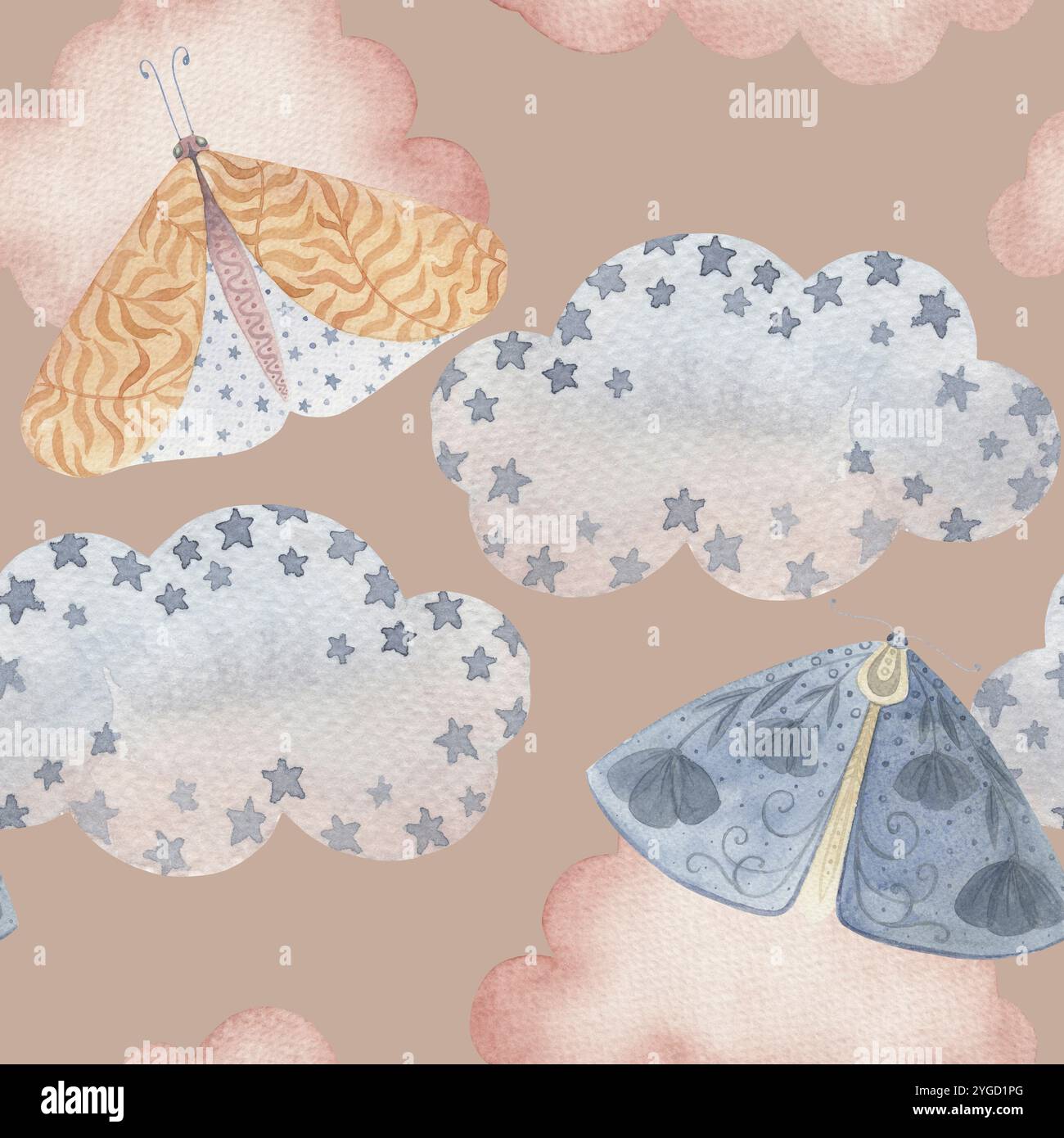 Boho Butterfly seamless pattern with clouds and stars on the coffee ...