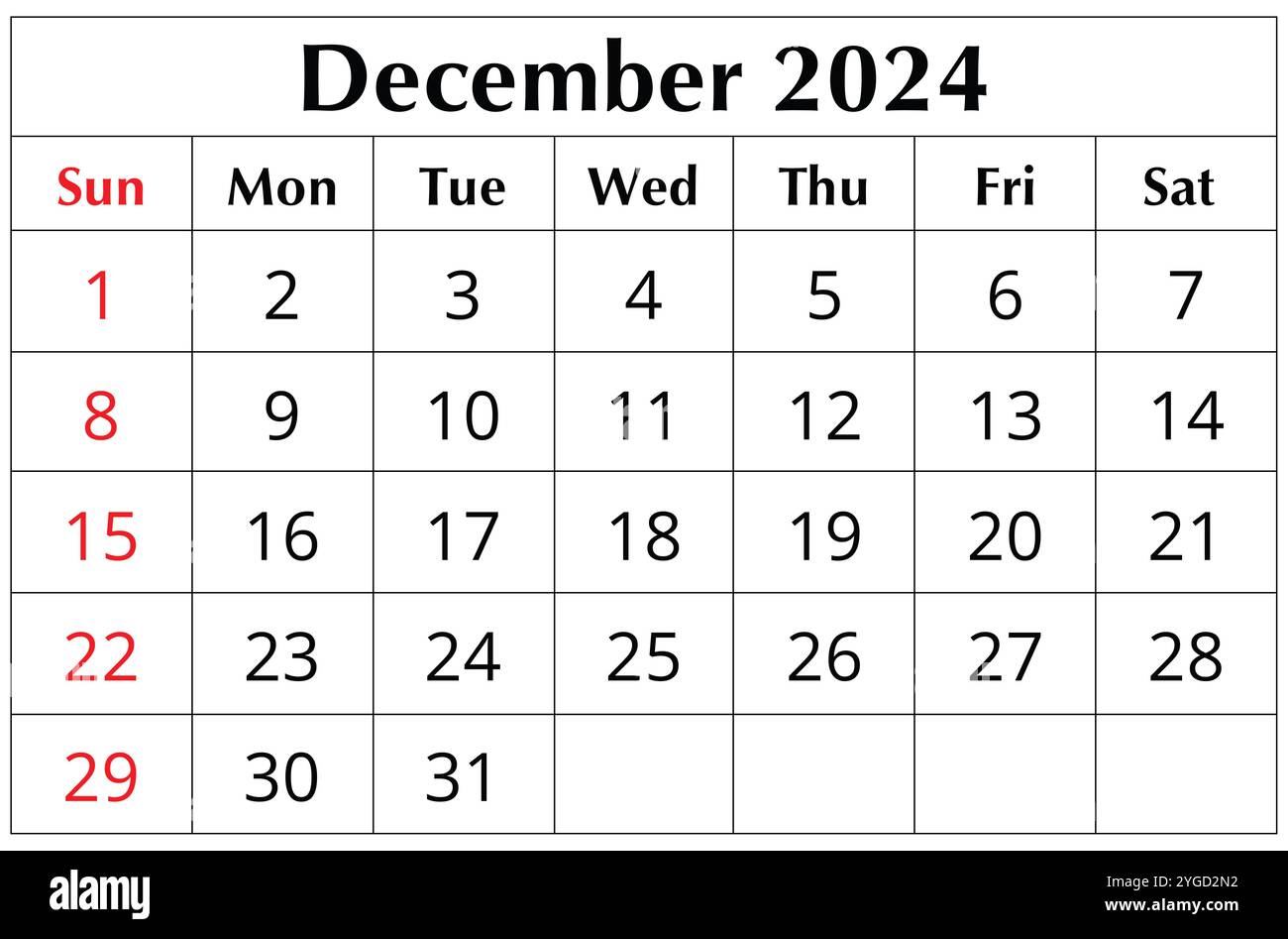 December 2024 ENGLISH winter month calendar. Printable illustration ...