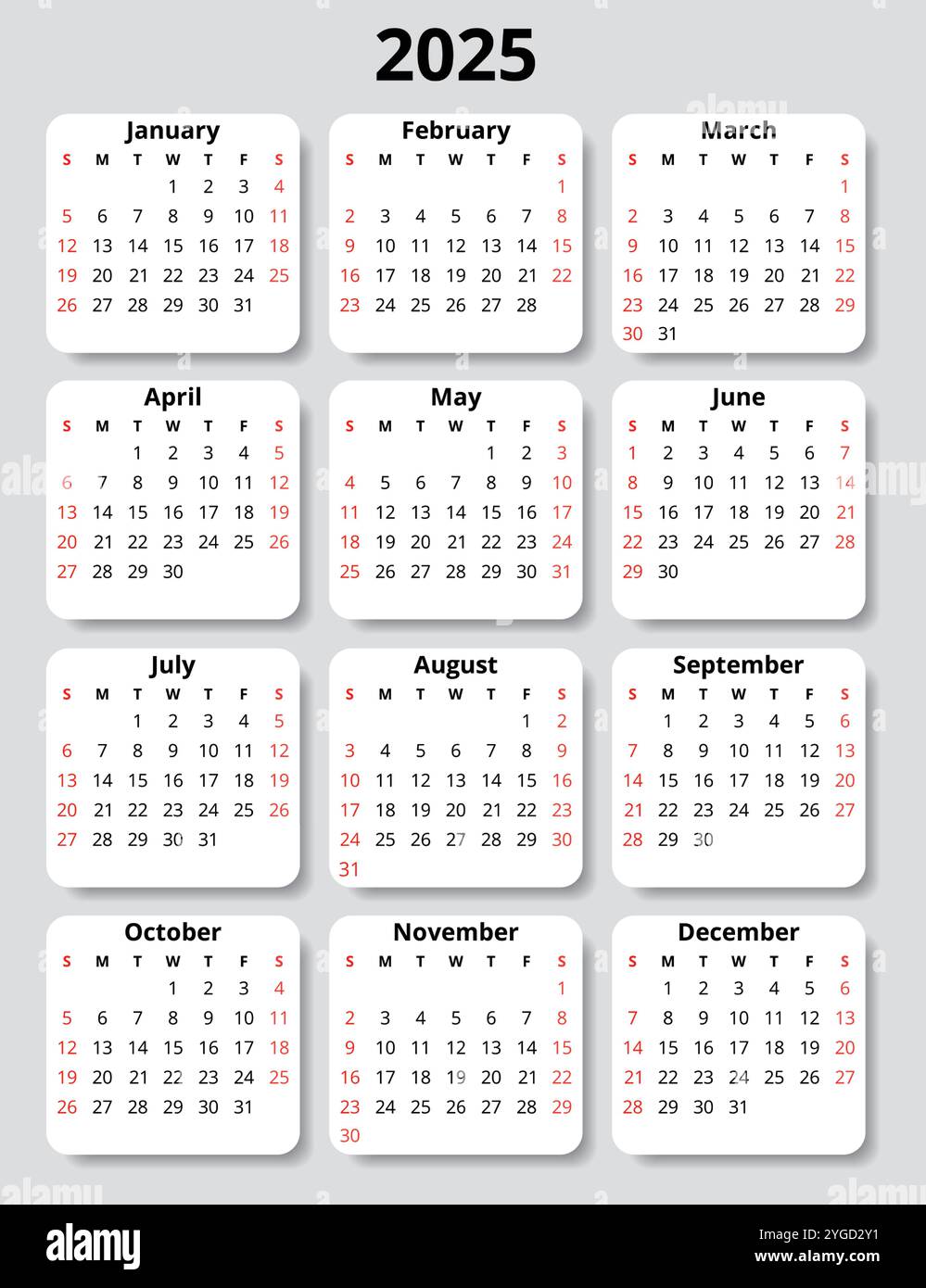 2025 year english vector annual calendar with 12 months Stock Vector Image & Art - Alamy
