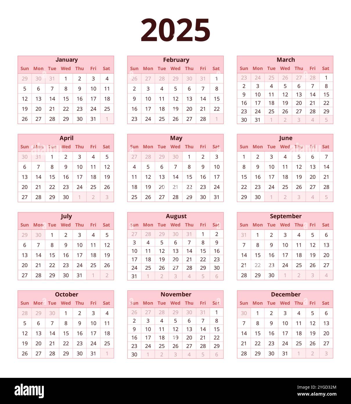2025 year english vector calendar with 12 months in tables Stock Vector ...