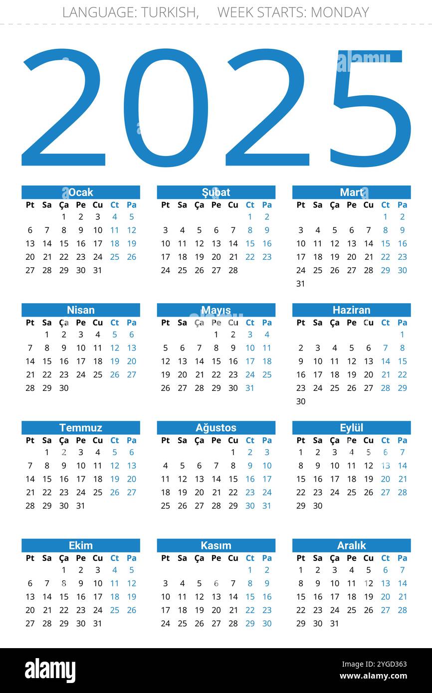2025 year turkish annual calendar (takvim). Vector printable ...