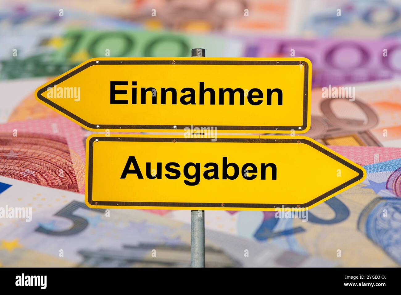 Einnahmen gegen Ausgaben Zwei Wegweiser in gegensätzlicher Richtung ...
