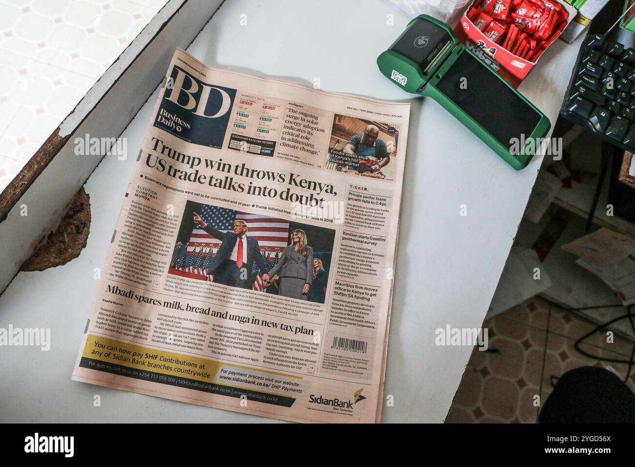 Nakuru, Kenya. 07th Nov, 2024. A newspaper featuring president elect ...