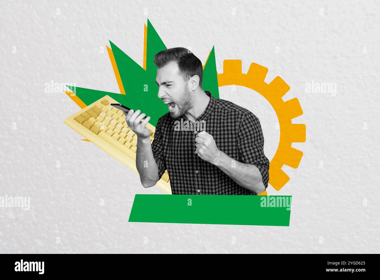 Composite photo collage of angry businessman scream cellphone device work problem broke keypad ...