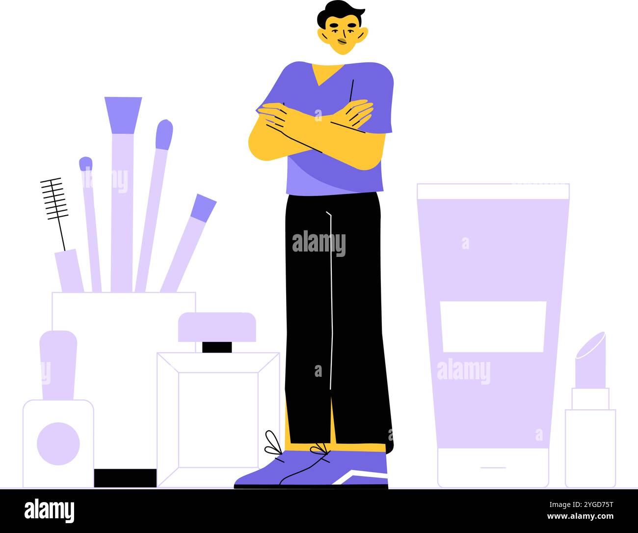 Male Makeup Artist With Beauty Products In Flat Vector Illustration ...