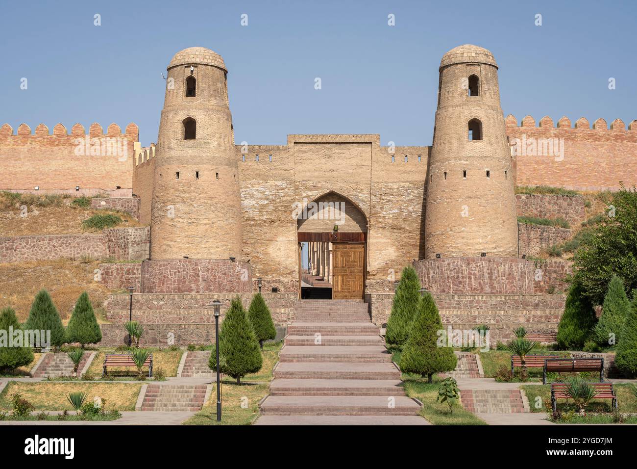 Landscape view of entrance gate to ancient Hissar aka Hisor fortress, historic medieval landmark ...