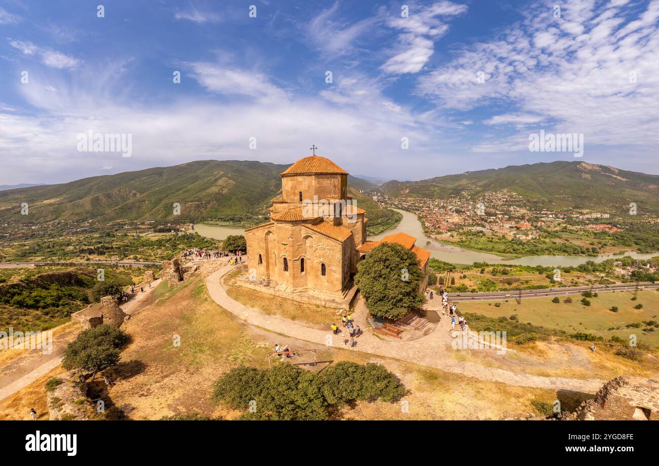Aerial top view of ancient Jvari Monastery is a VI century Georgian ...