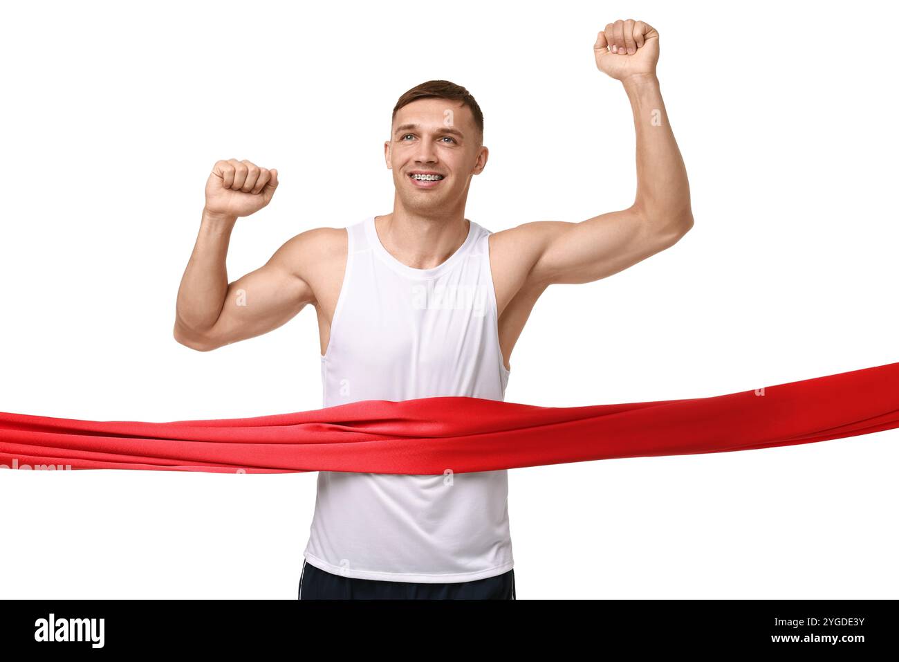Man crossing red finish line on white background Stock Photo - Alamy