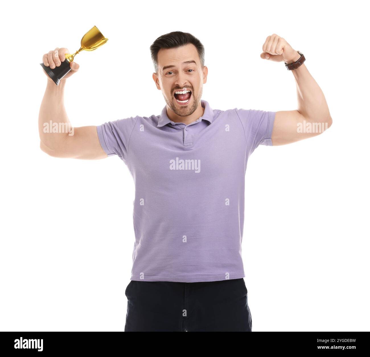 Happy winner with golden trophy cup showing his biceps on white ...