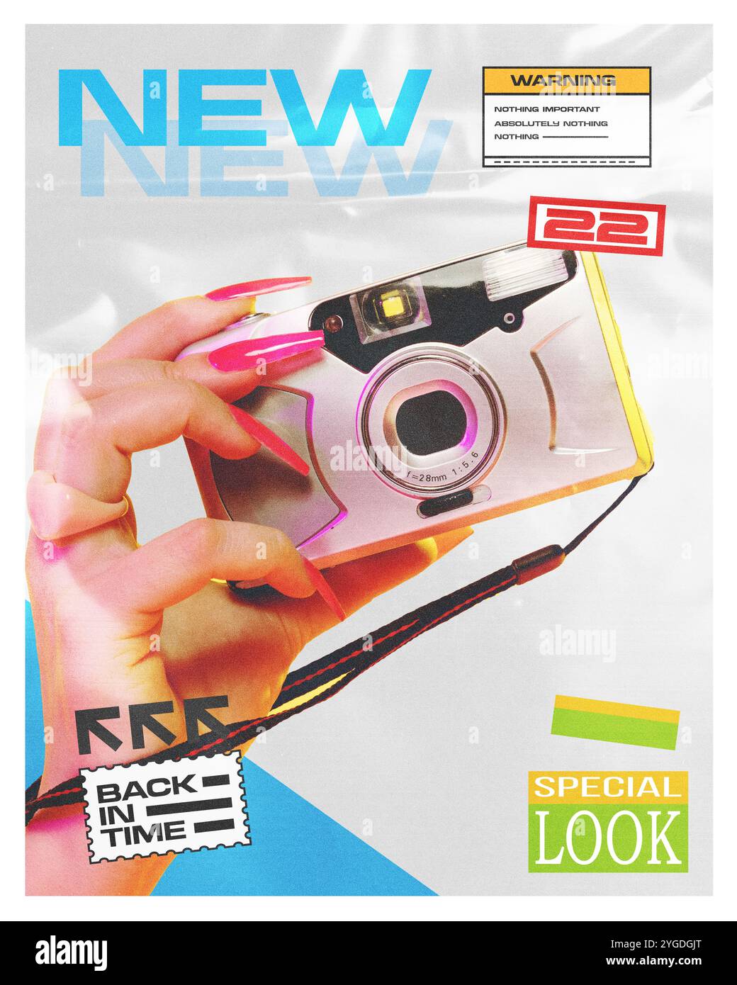Creative design. Vibrant 90s-themed poster with disposable camera in ...