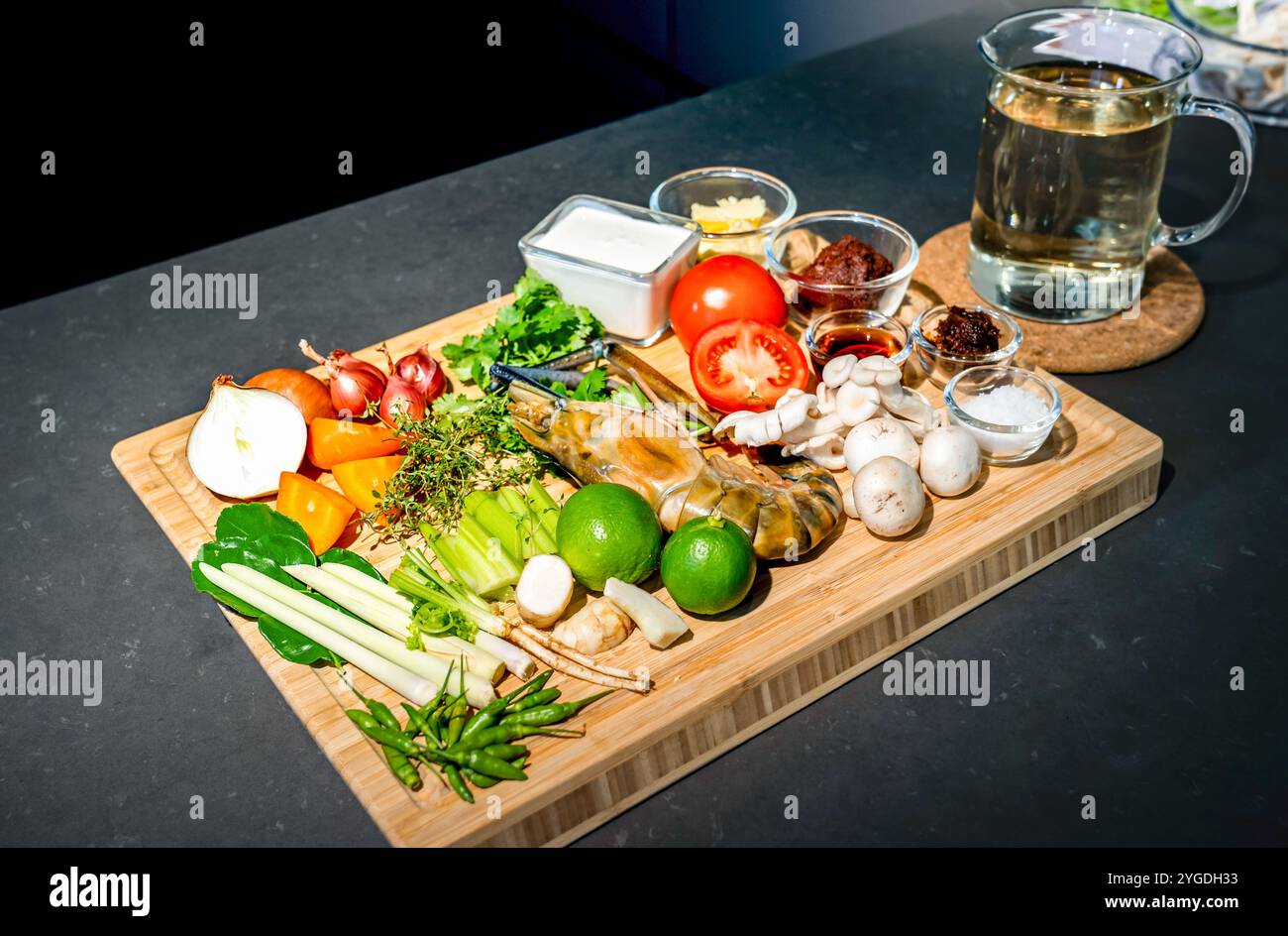 Flatlay Tabletop Ingredients of TomYamKung (Shrimp Spicy Thai Soup) is ...