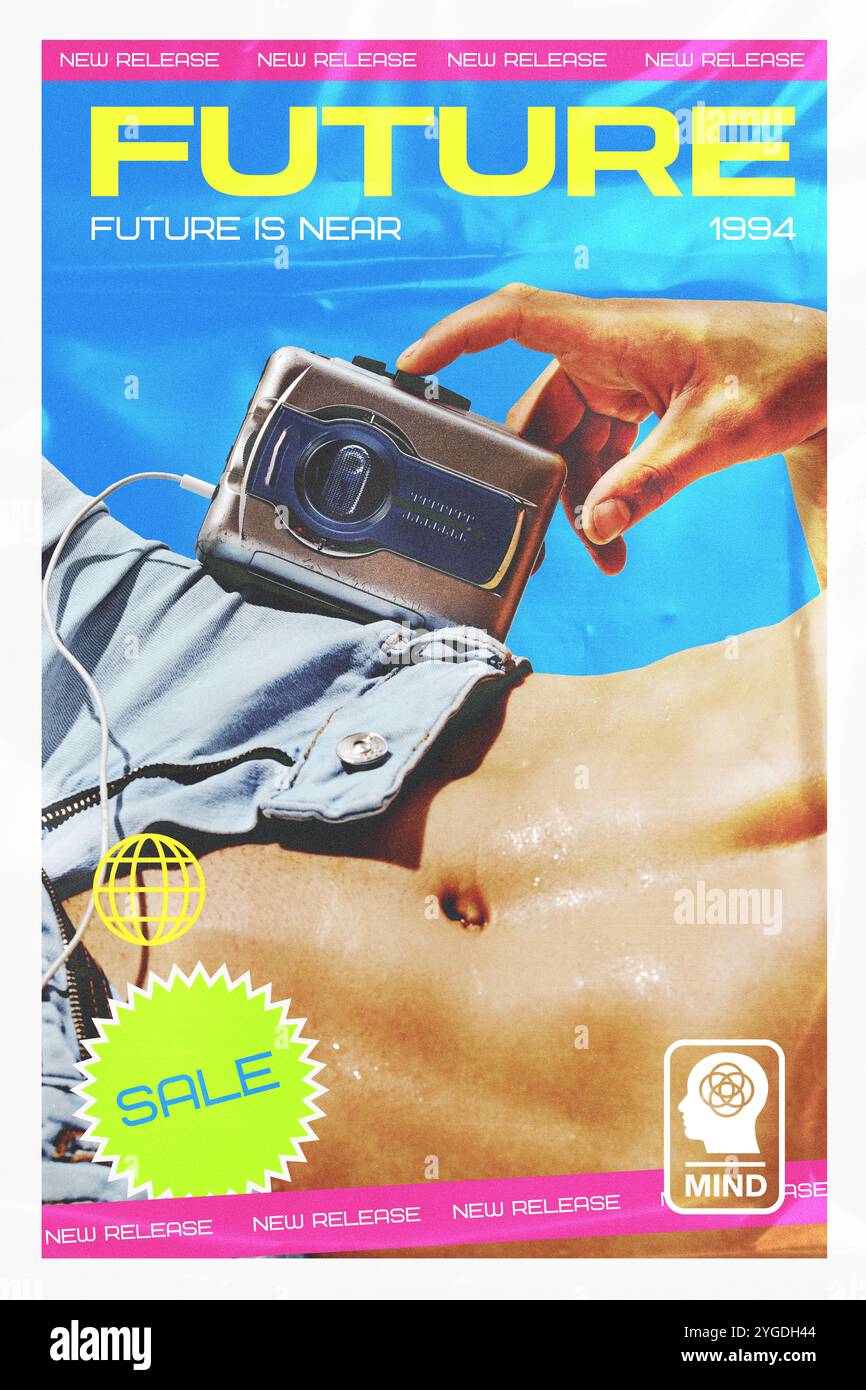 Creative design. Retro poster with vintage cassette player on muscular ...