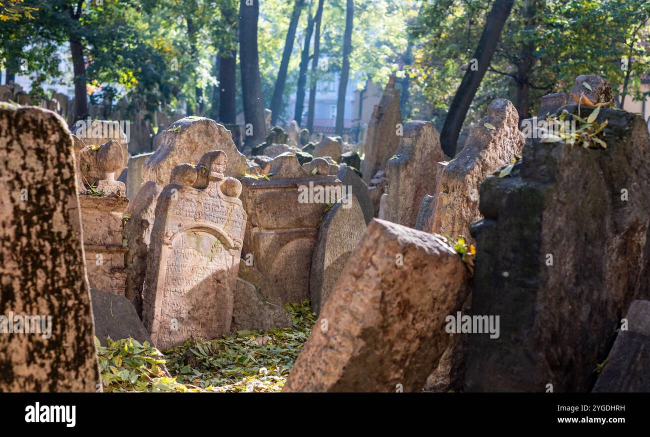 Historic gravestones in the crowded Old Jewish Cemetery in the Prague ...